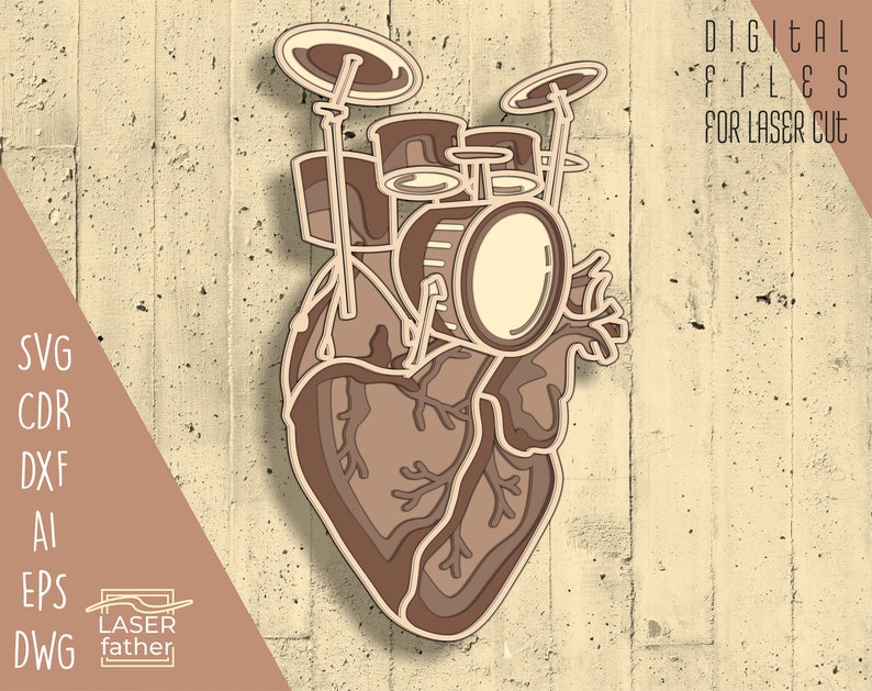 3D Drums Heartbeat Layered SVG, Laser Cut, Digital Files Svg Ai Cdr Eps ...