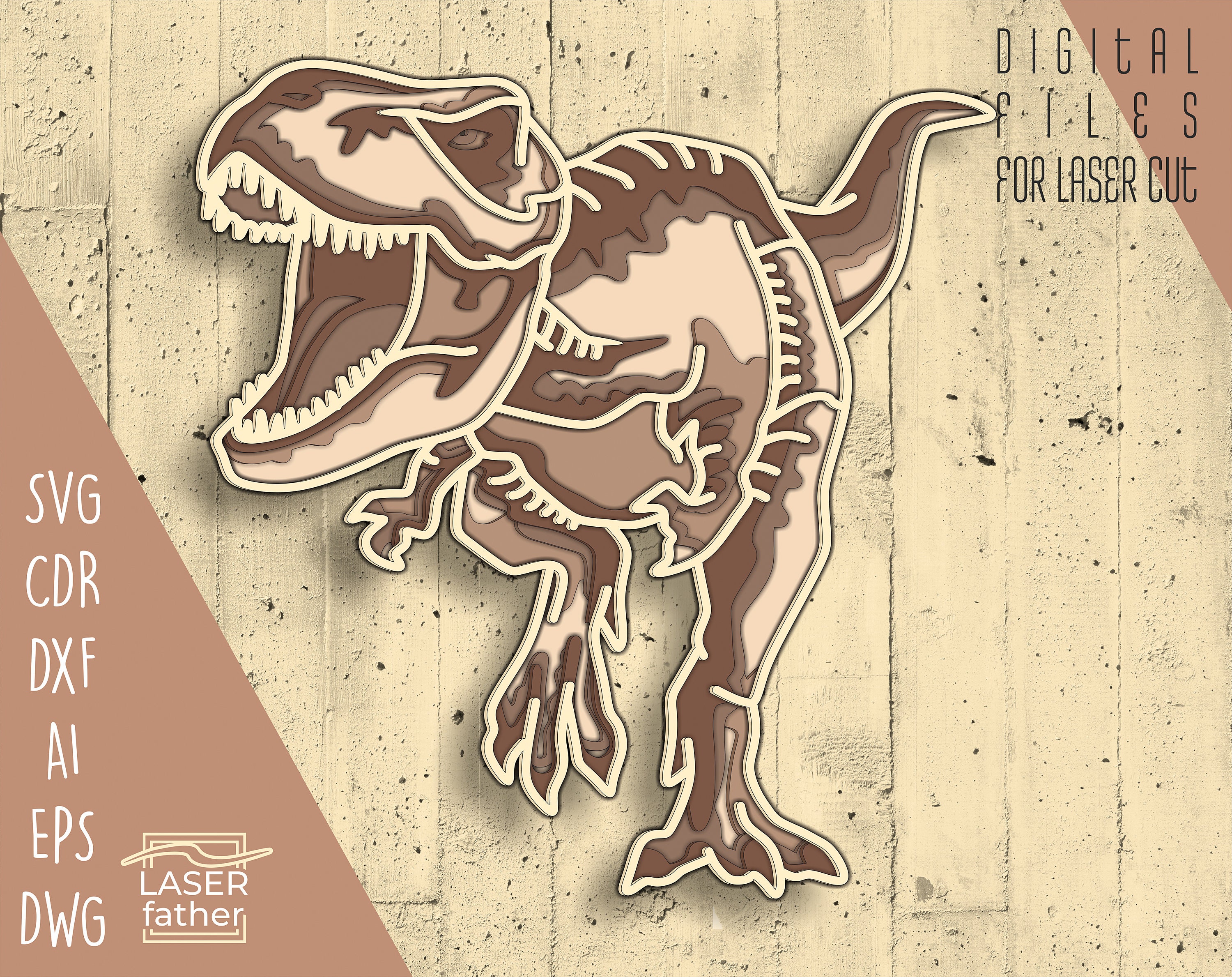 Tyrannosaurus 3D Multilayered SVG, Digital Files Ai Cdr Eps Png Dwg Dxf ...