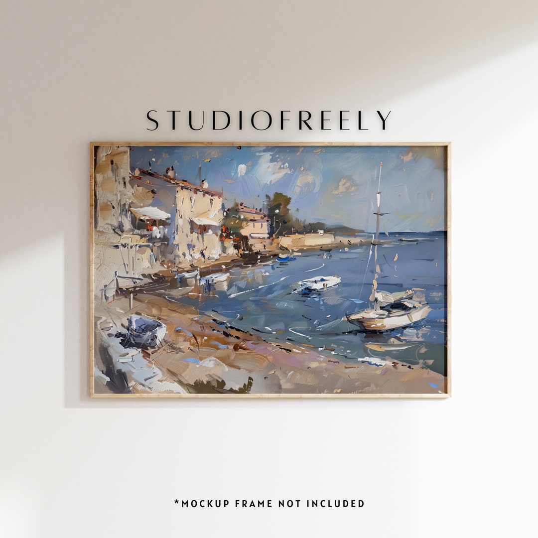 Oil Acrylic Mediterranean Coastline Instant Download Painting - Docked ...