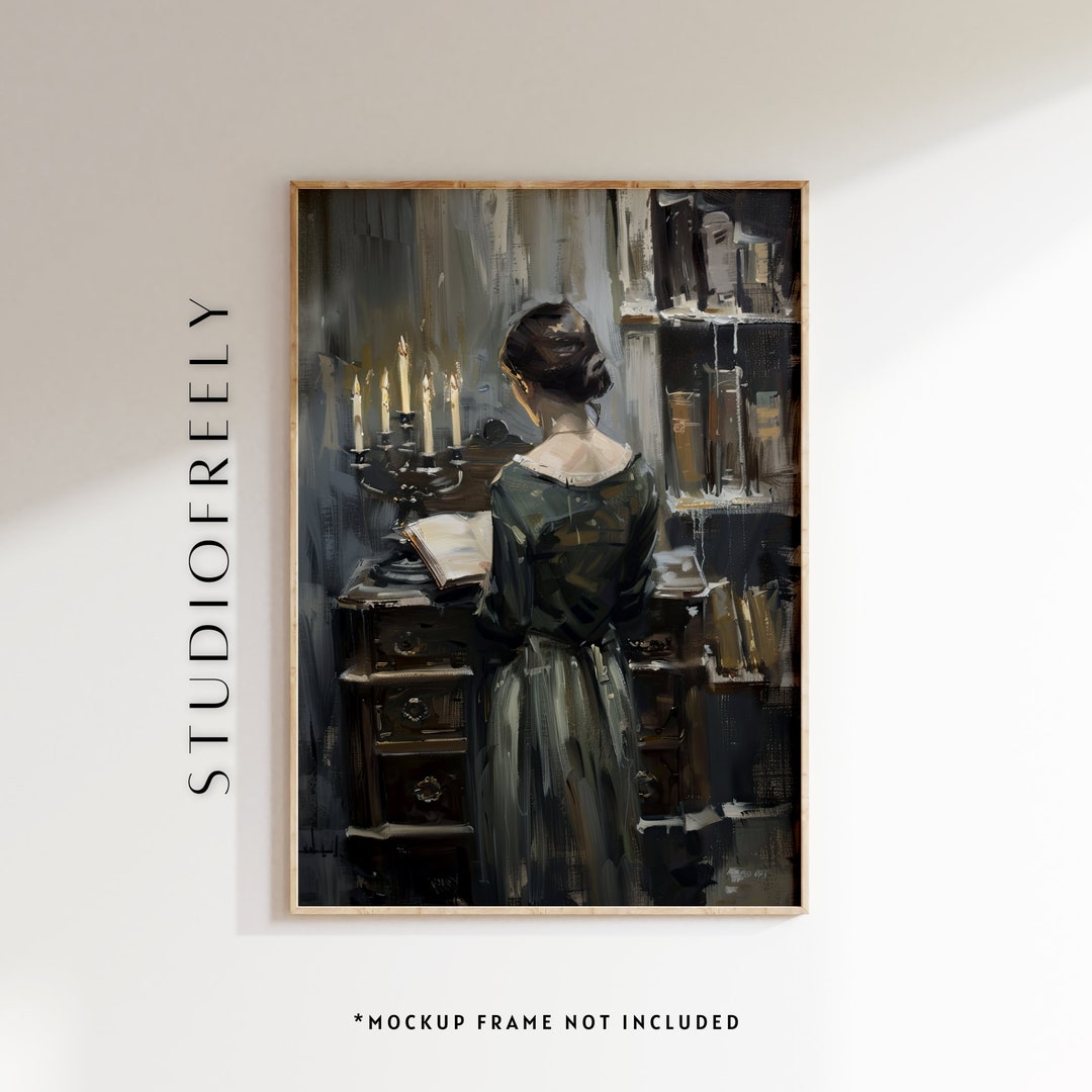 Vintage Moody Library Acrylic Oil Painting Young Woman Reading in a ...