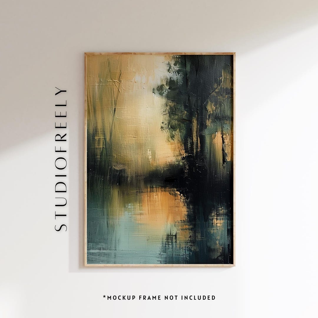 Abstract Forest Lake Art Print: Moody Green & Gold Brushstrokes - Etsy