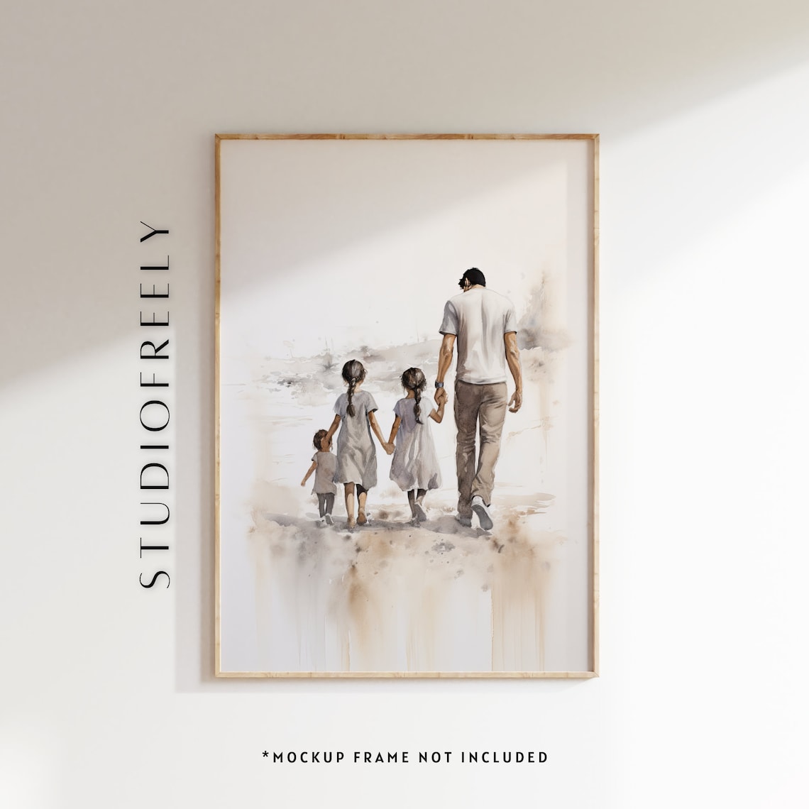 Beige Minimalist Watercolor Portrait Dad With Three Girls Father With ...
