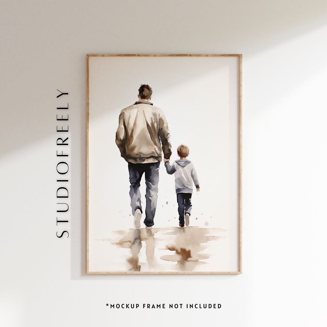 Father and Son Watercolor Portrait: Beige Minimalist Art (digital ...