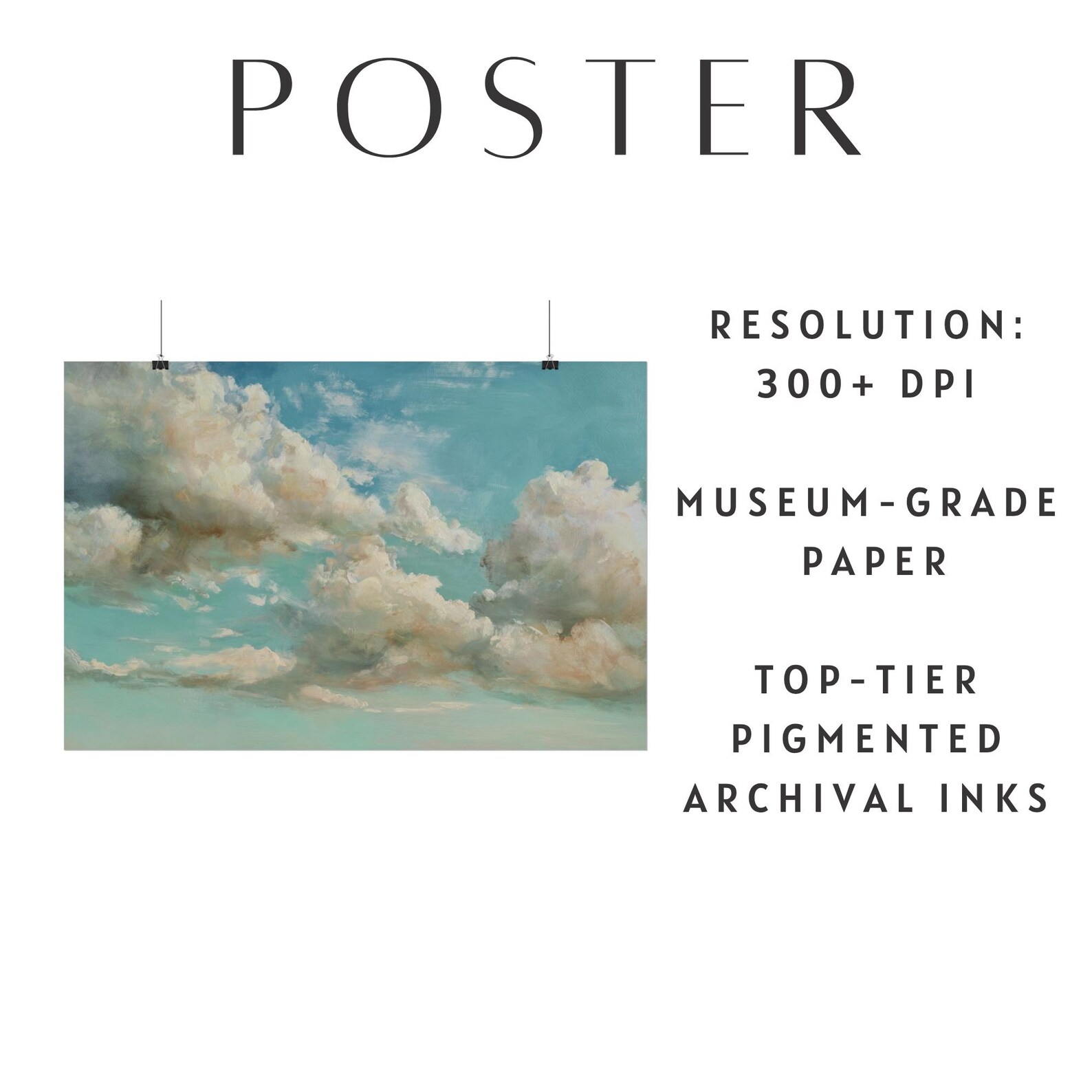 Sky Cloud Print: Blue Skies With Painterly White Clouds, Peaceful Wall ...