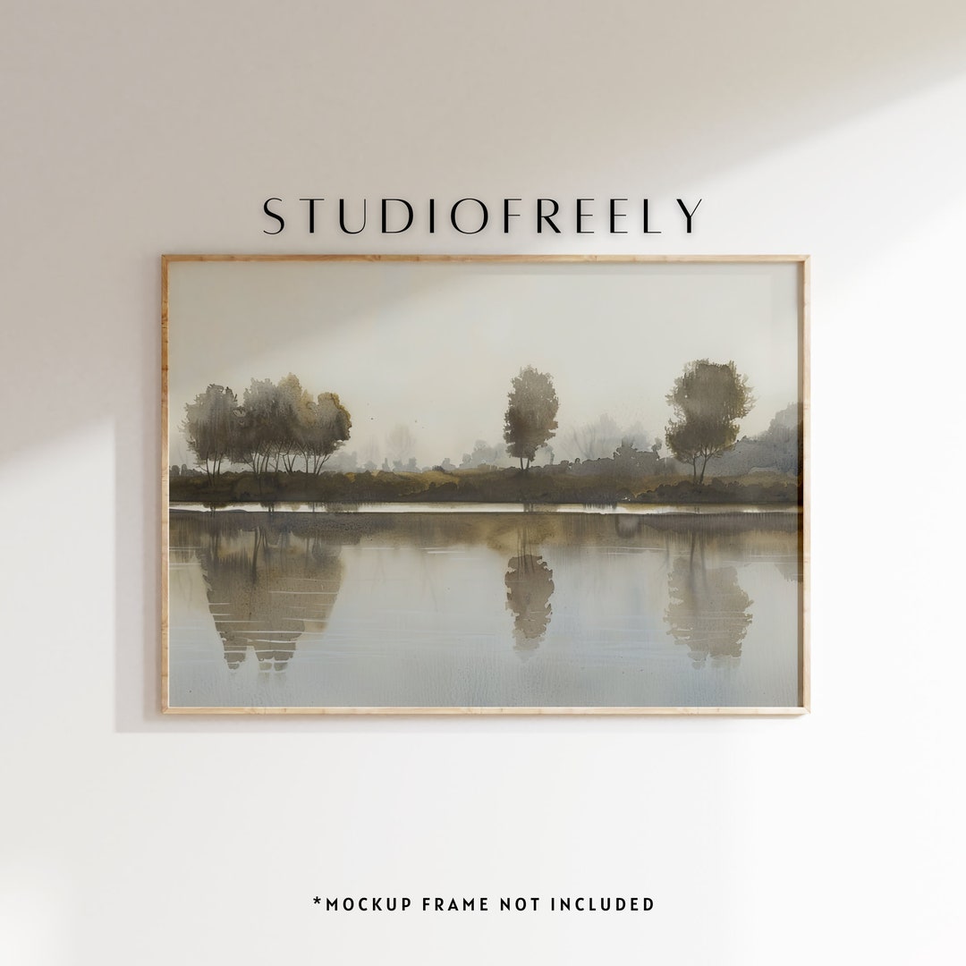 Peaceful Watercolor Trees Reflecting on Calm Water Surface Misty ...