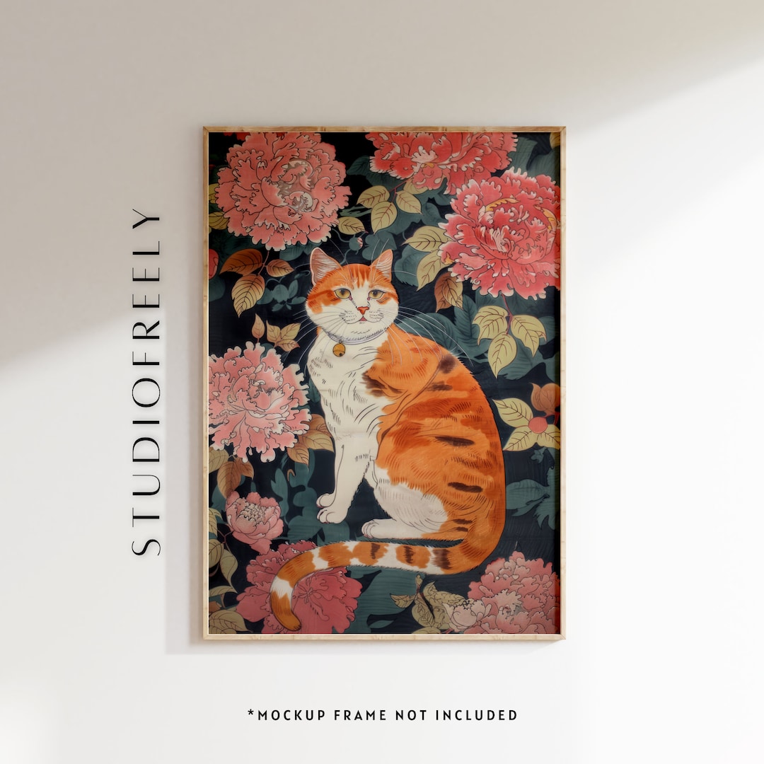 Vintage Orange Tabby Cat Japanese Art Print, Floral Asian Wall Decor ...