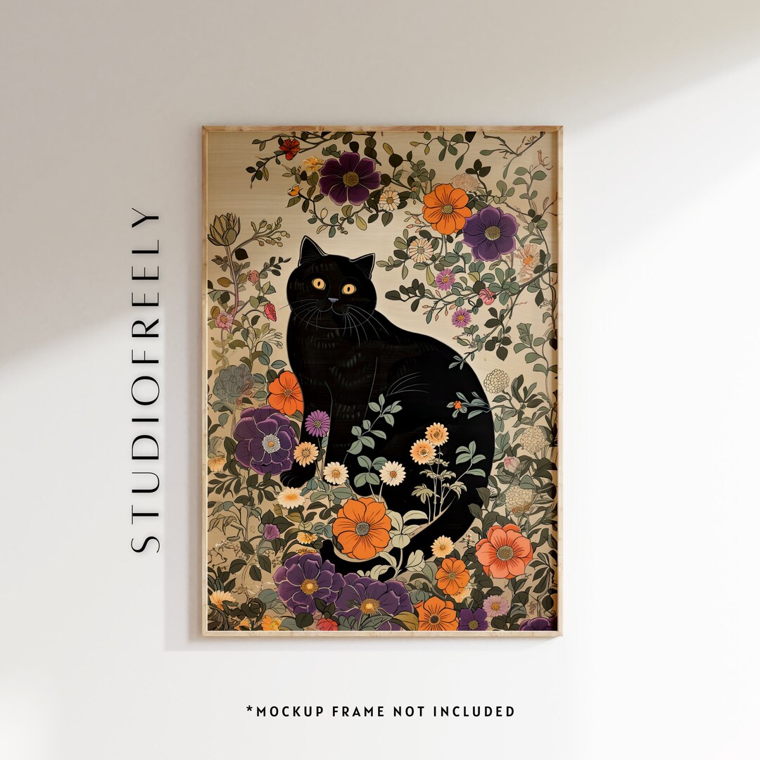 Modern Ukiyo-e Inspired Happy Black Cat Instant Download - Chubby Cat ...
