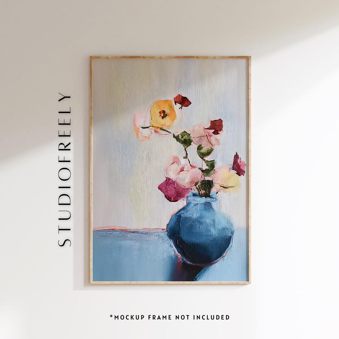 Floral Still Life Print: Blue Vase Bouquet Art, Minimalist Flower ...
