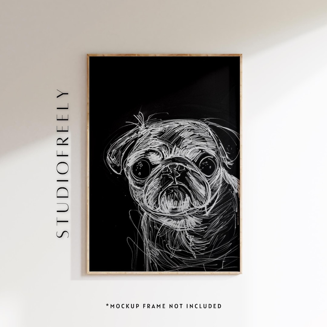 Messy Line Drawing Instant Download of an Adorable Pug in White Chalk ...