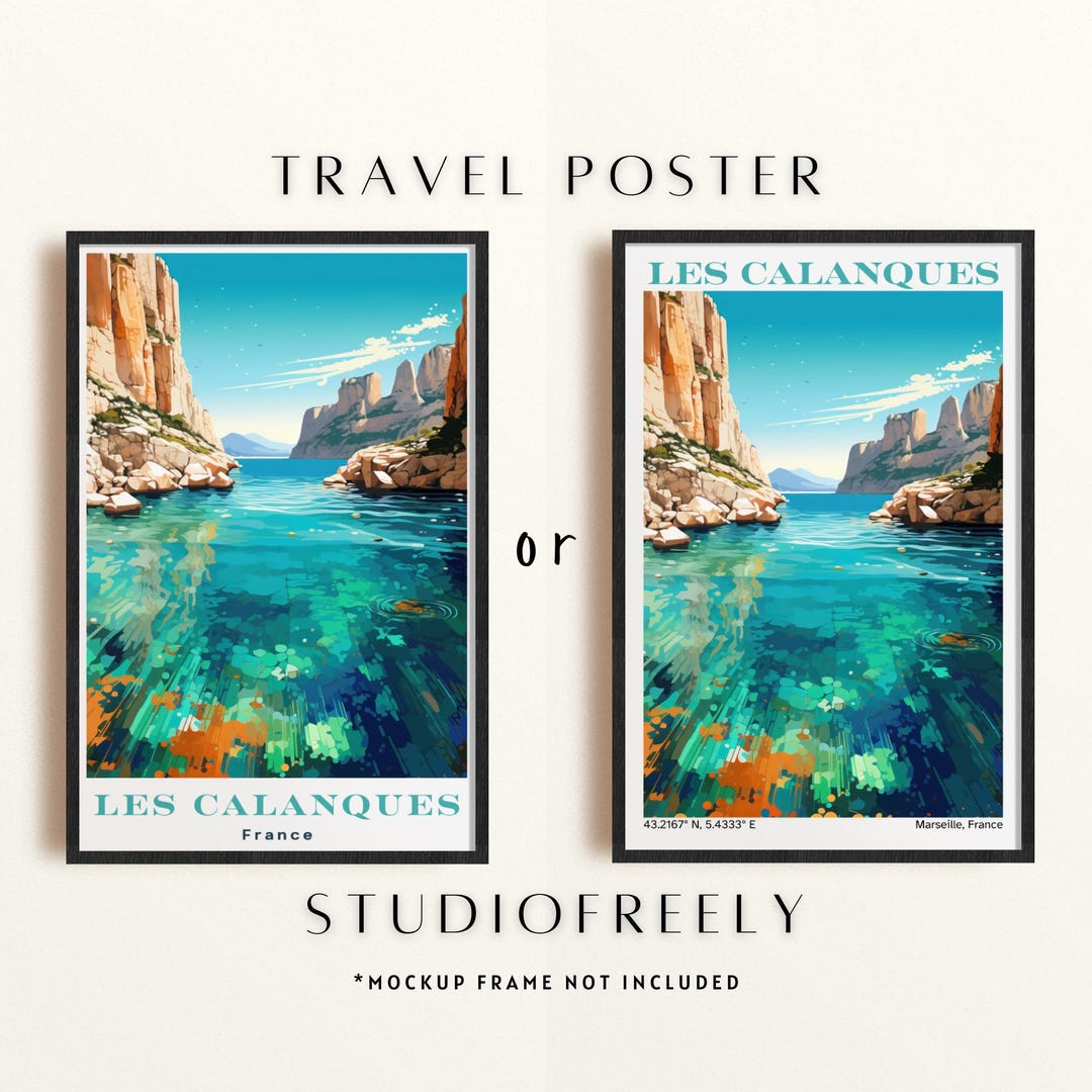 Art Deco Travel Poster of Les Calanques, France | Blue Turquoise Green ...