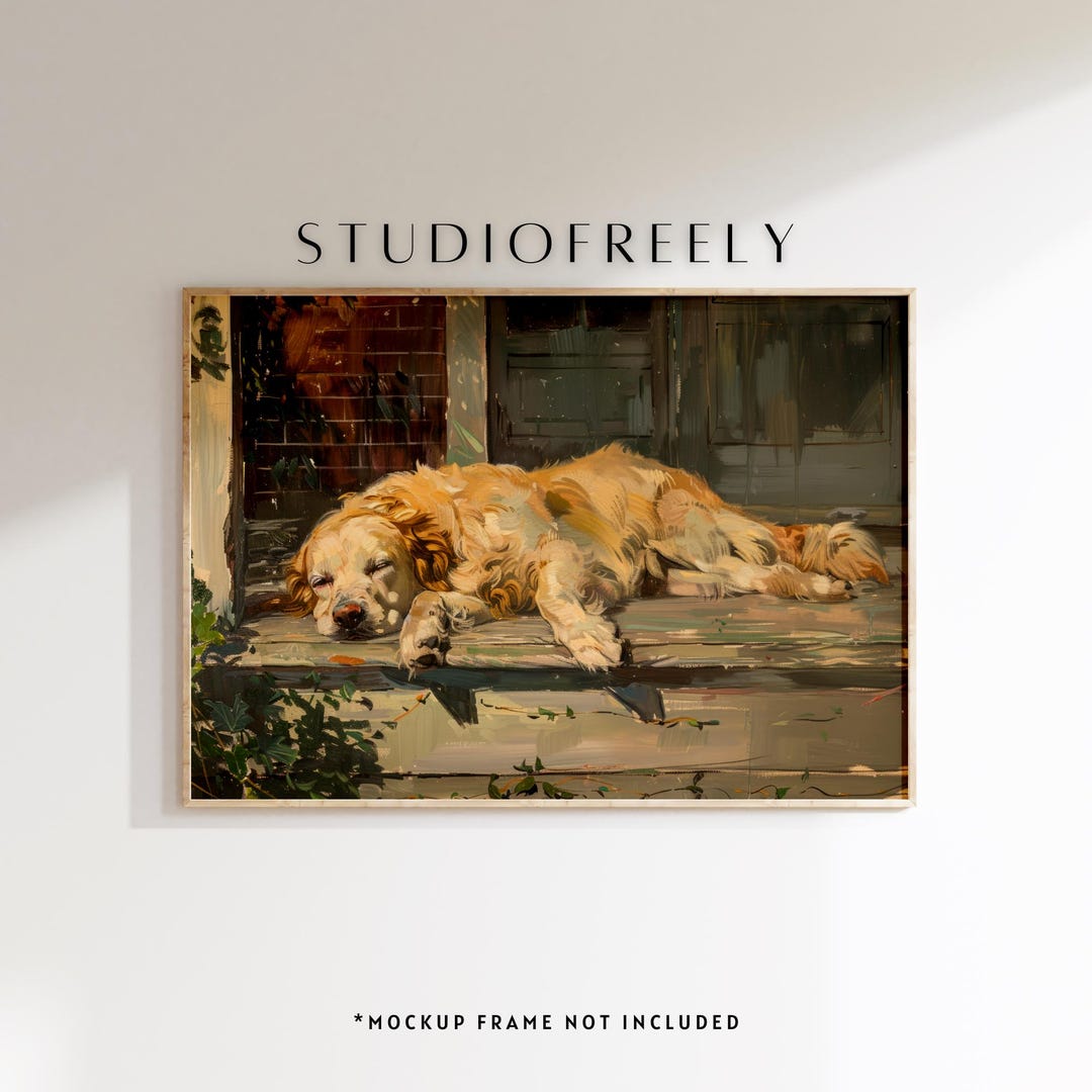 Golden Retriever Wall Art Print, Cozy Dog on Porch Painting, Rustic ...