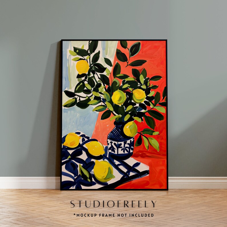 Henri Matisse Inspired Lemon Tree Small Tree in a Navy Blue Vase and a ...