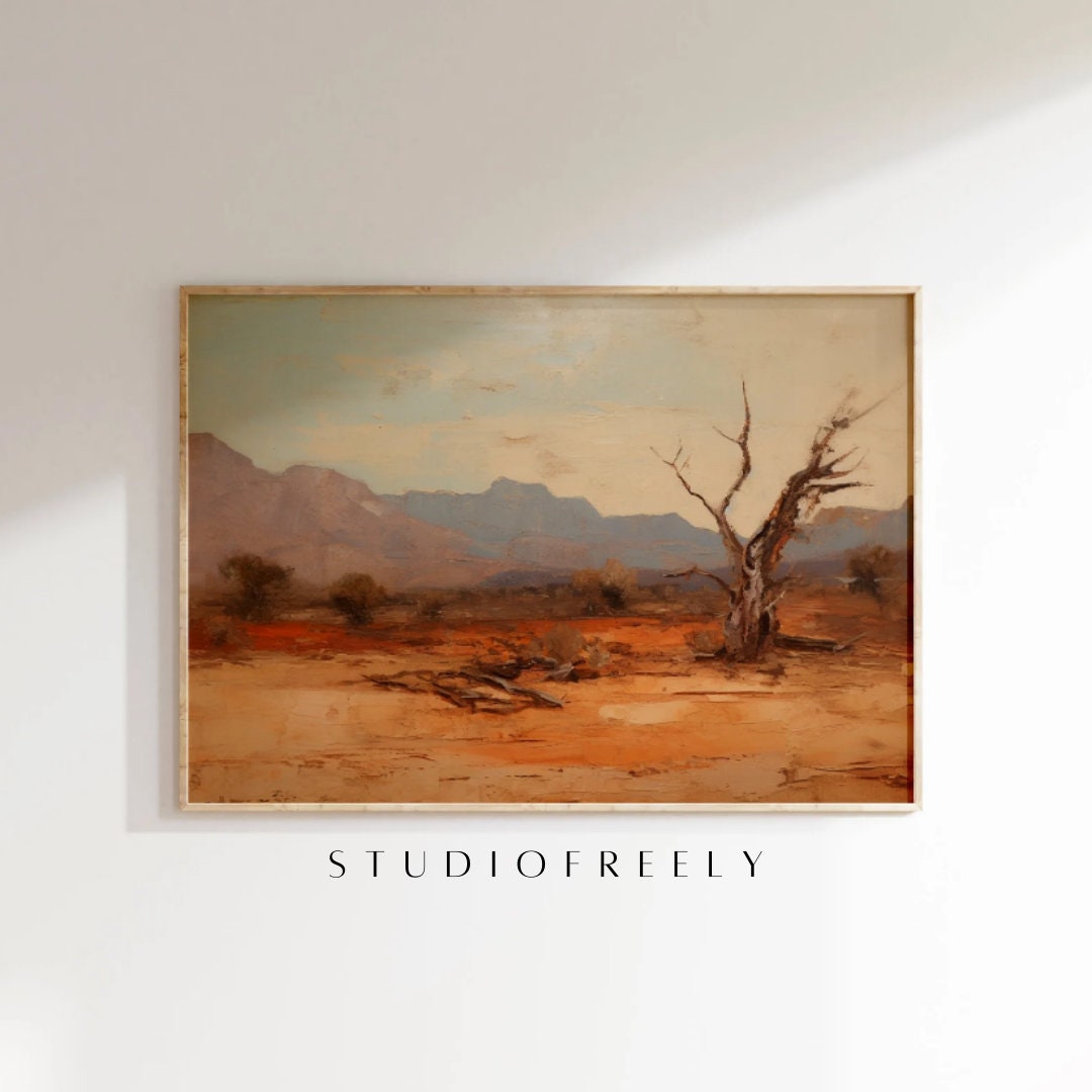 Rustic Desert Landscape Art Print Western Oil Painting, Scenic Antique ...