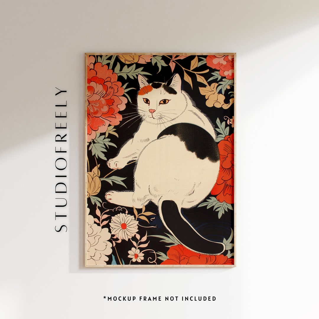 Japanese Calico Cat Art Print, Floral Feline Illustration, Traditional ...