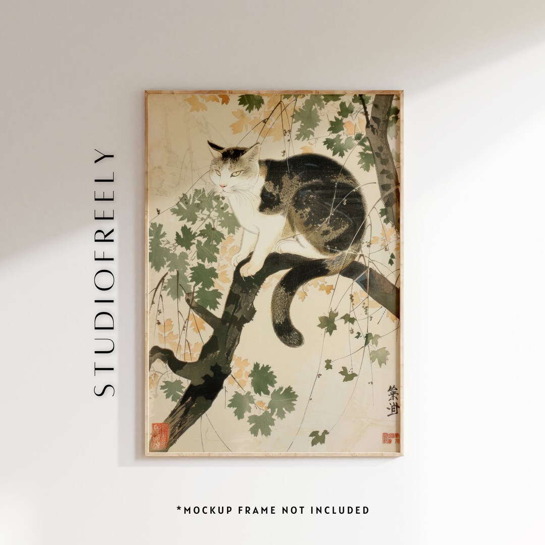 Japanese Sumi-e Cat Art Print: Oak Branch, Indigo Ink (digital File) - Etsy