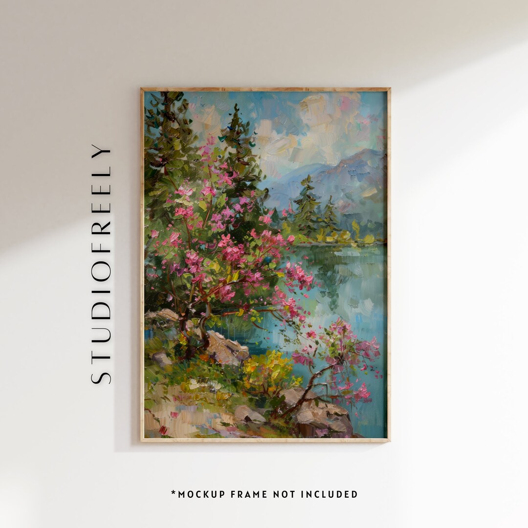 Oil Painting Instant Download Mountain Lakeside Pink Blossoms - Crystal ...