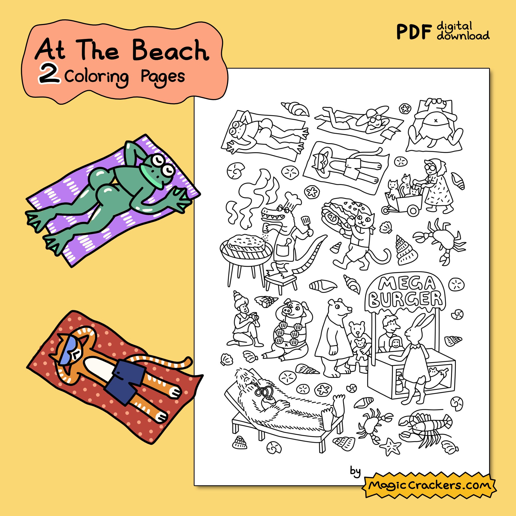 At the Beach 2 Coloring Pages Print at Home Original Artwork Instant ...
