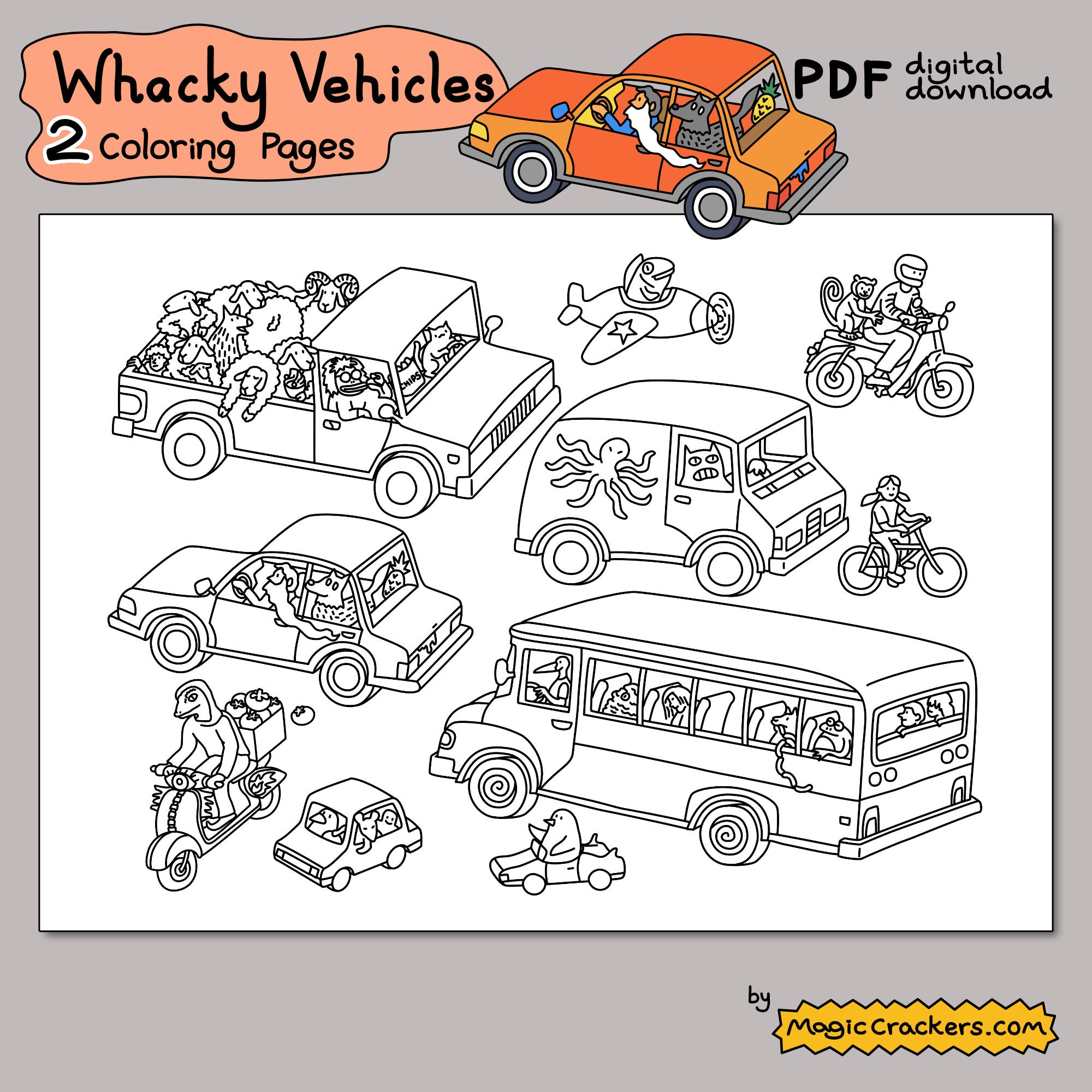 Whacky Vehicles 2 Coloring Pages Print at Home Original Artwork Instant ...