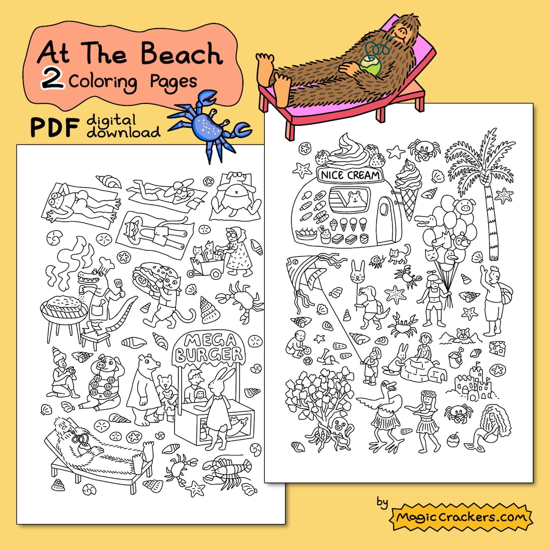 At the Beach 2 Coloring Pages Print at Home Original Artwork Instant ...