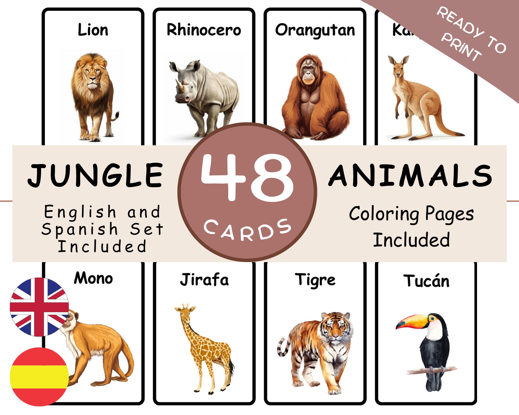 Jungle Animals Flashcards Spanish Montessori Learning Activity ...