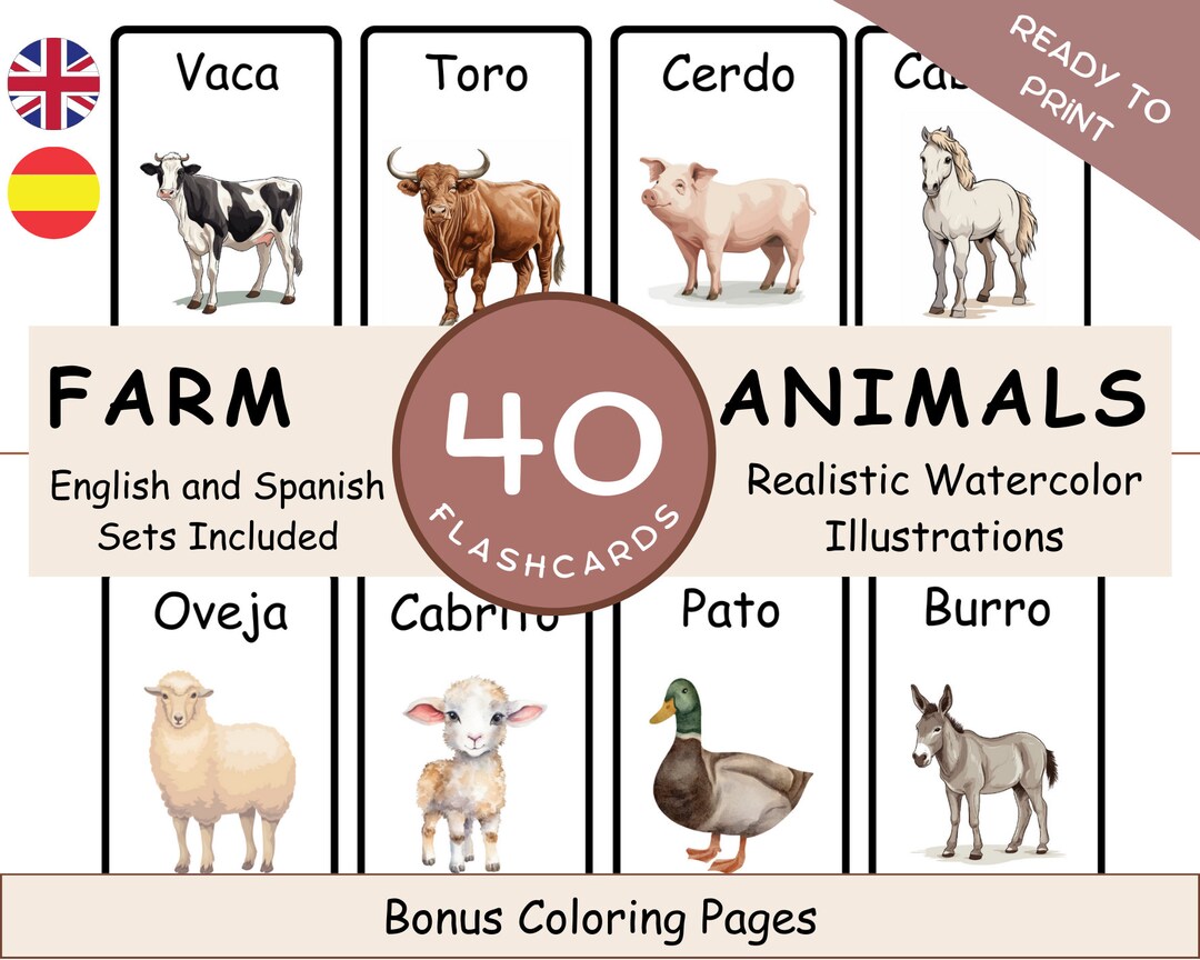 48 English and Spanish Farm Animals Flashcards Bilingual Preschool ...