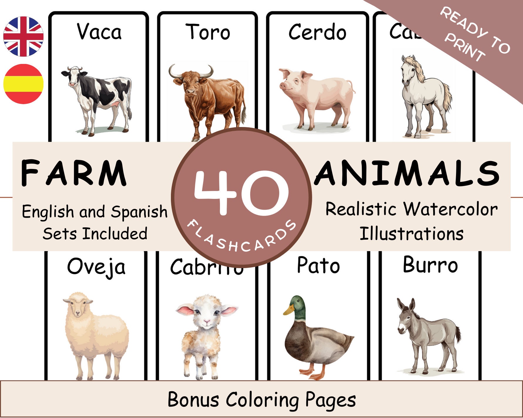 48 English and Spanish Farm Animals Flashcards Bilingual Preschool ...