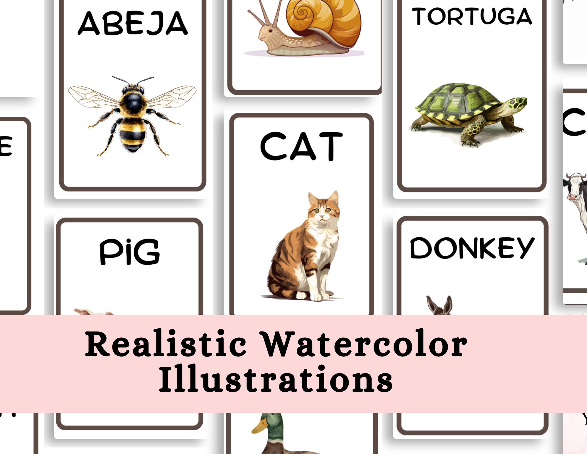 48 English and Spanish Farm Animals Flashcards Bilingual Preschool ...