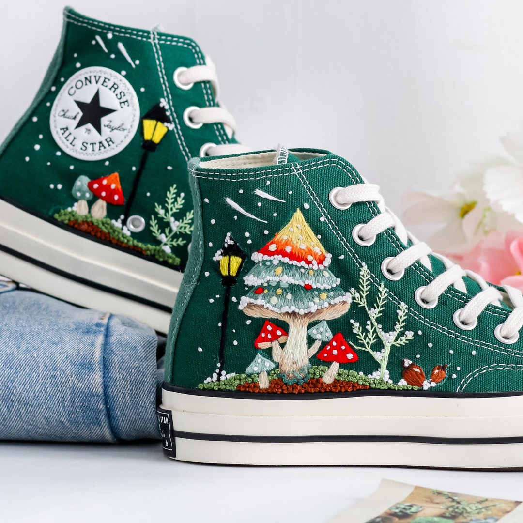 Custom Embroidered Converse High Tops, Christmas Mushrooms Embroidered ...