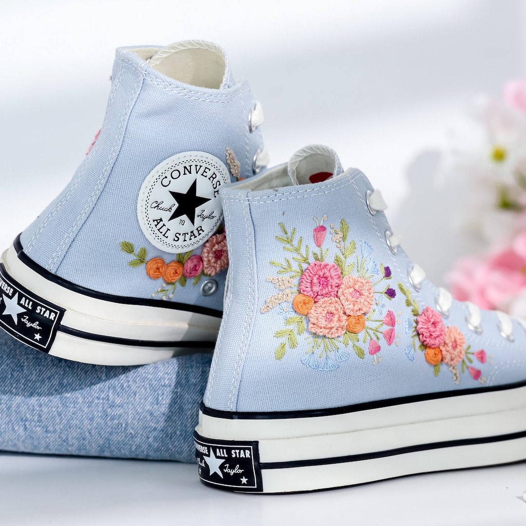 Pink Flowers Embroidered Converse Platforms, Custom Converse Custom ...