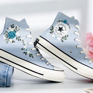 Embroidered Platform Converse High Tops, Blue Embroidery Shoes, White ...