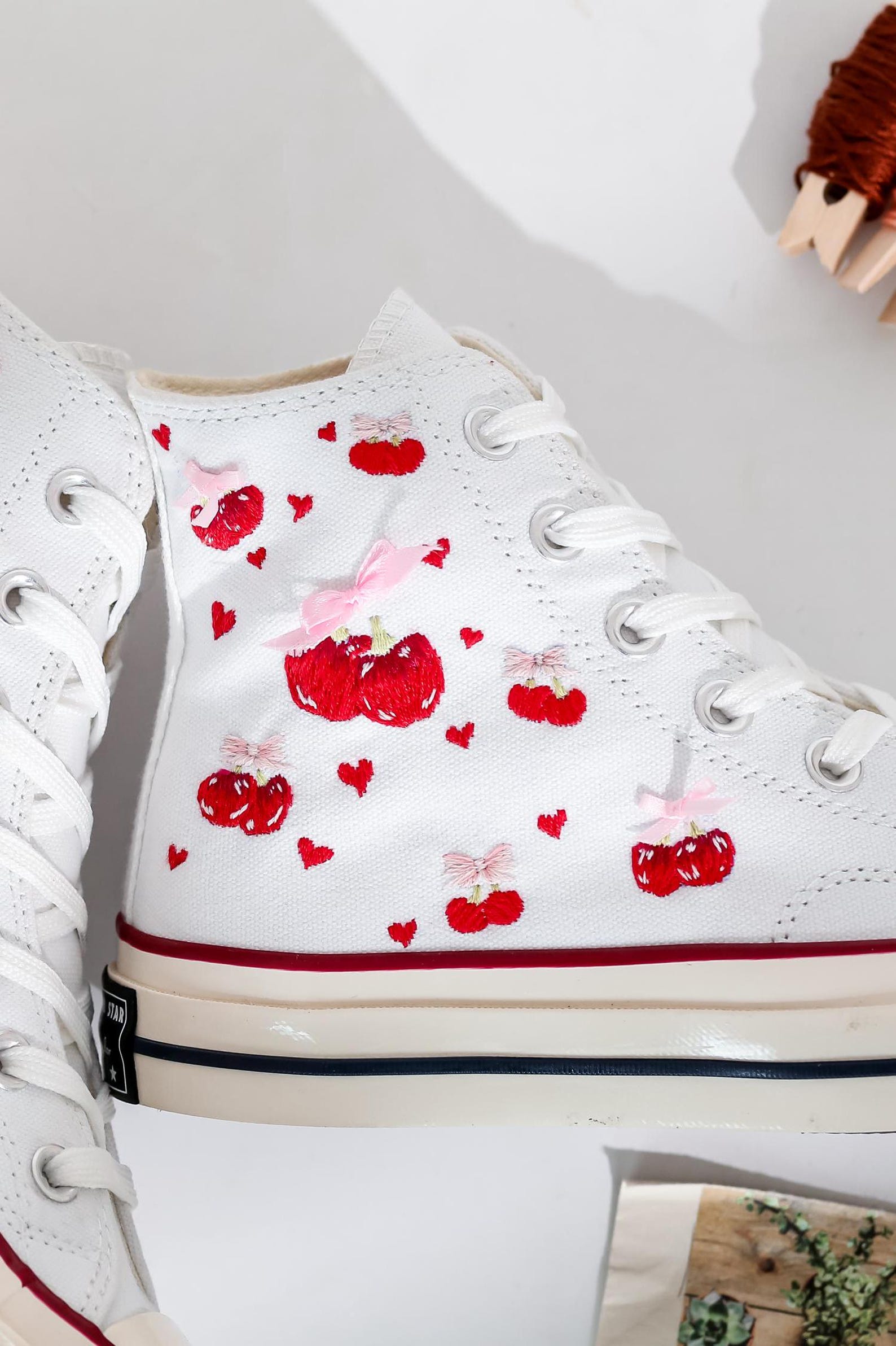 Custom Embroidered Converse High Tops, Sweet Cherries Embroidered ...