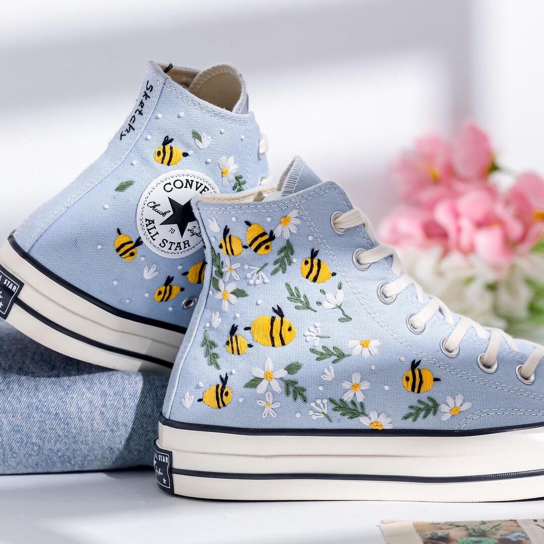 Bee Embroidered Converse High Tops, Powder Blue Converse Embroidery Bee ...