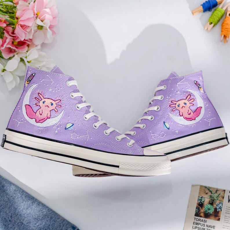 Custom Converse Embroidery Moon, Axolotl Embroidered Converse, Animal ...