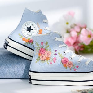 Pink Flowers Embroidered Converse Platforms, Custom Converse Custom ...