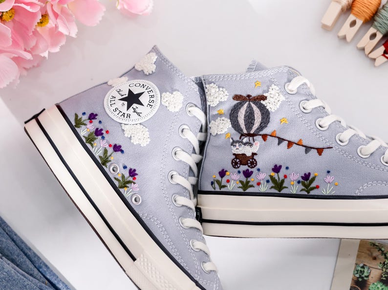 Custom Converse Embroidery Shoes, Garden Flowers, Hot Air Balloon, Cat ...