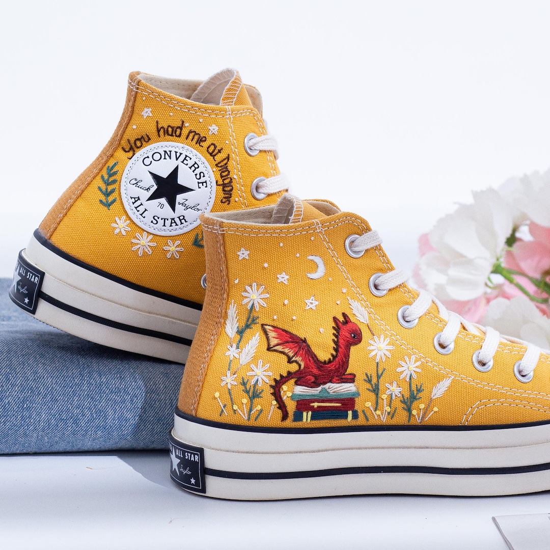 Embroidered Converse Chuck Taylor High Tops, Dragon & Floral Embroidery ...