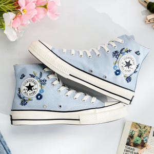 Custom Converse Embroidered Shoes, Blue Flower Embroidered Sneaker ...