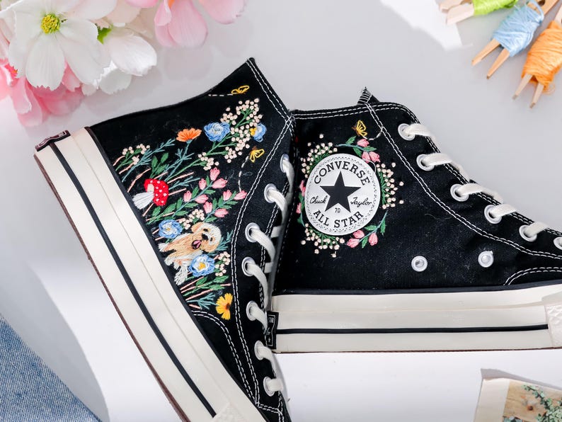 Wedding Shoes for Bride, Dog and Wedding Flower Embroidered Converse ...