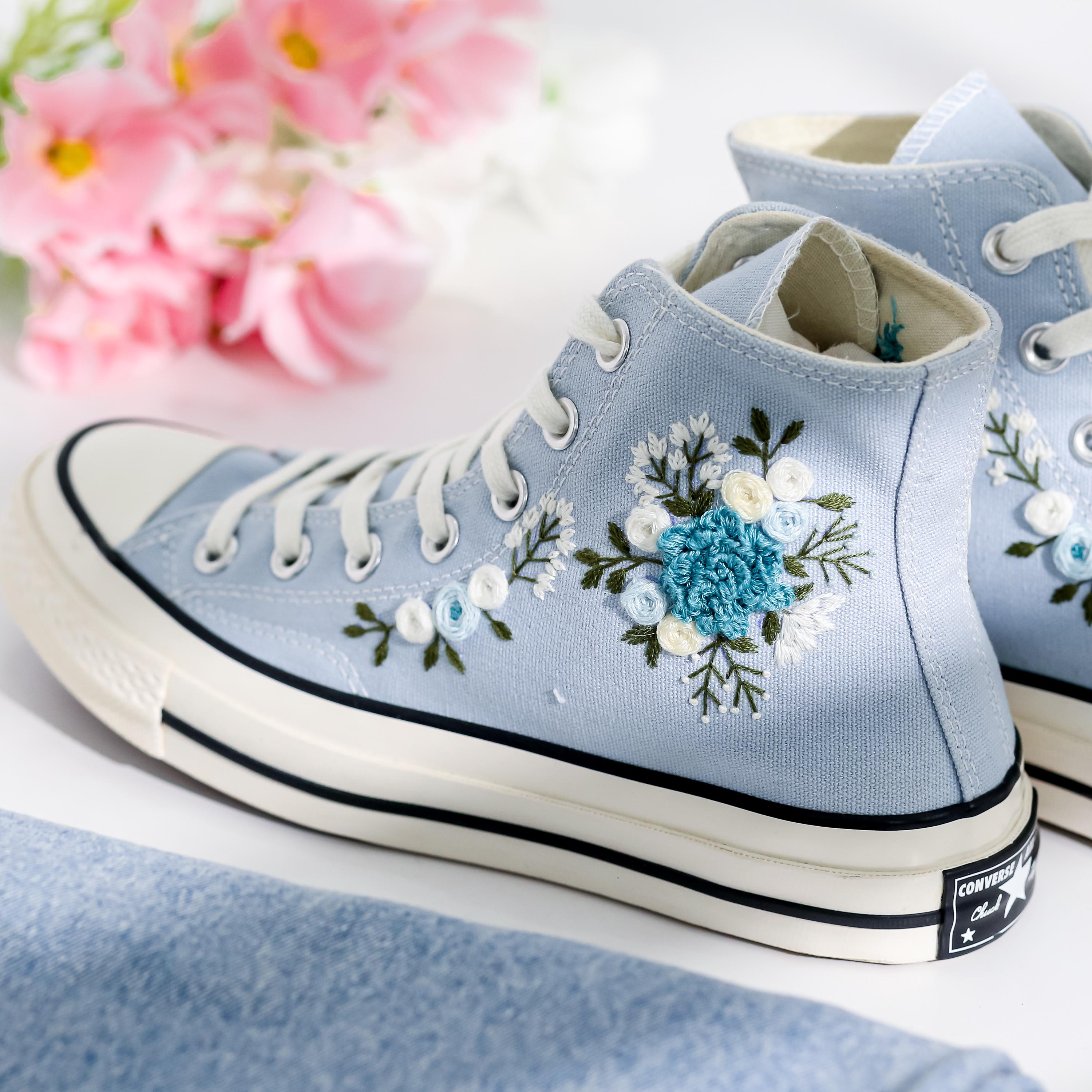 Embroidered Platform Converse High Tops, Blue Embroidery Shoes, White ...