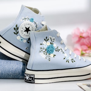 Embroidered Platform Converse High Tops, Blue Embroidery Shoes, White ...