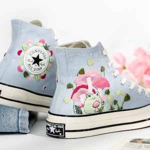 Custom Embroidered Converse, Mushroom and Frog Embroidered Shoes, Frog ...