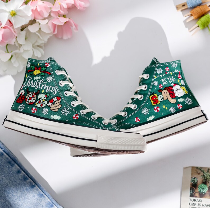 Custom Christmas 2024 Converse, Xmas Embroidered Shoes, Customized ...