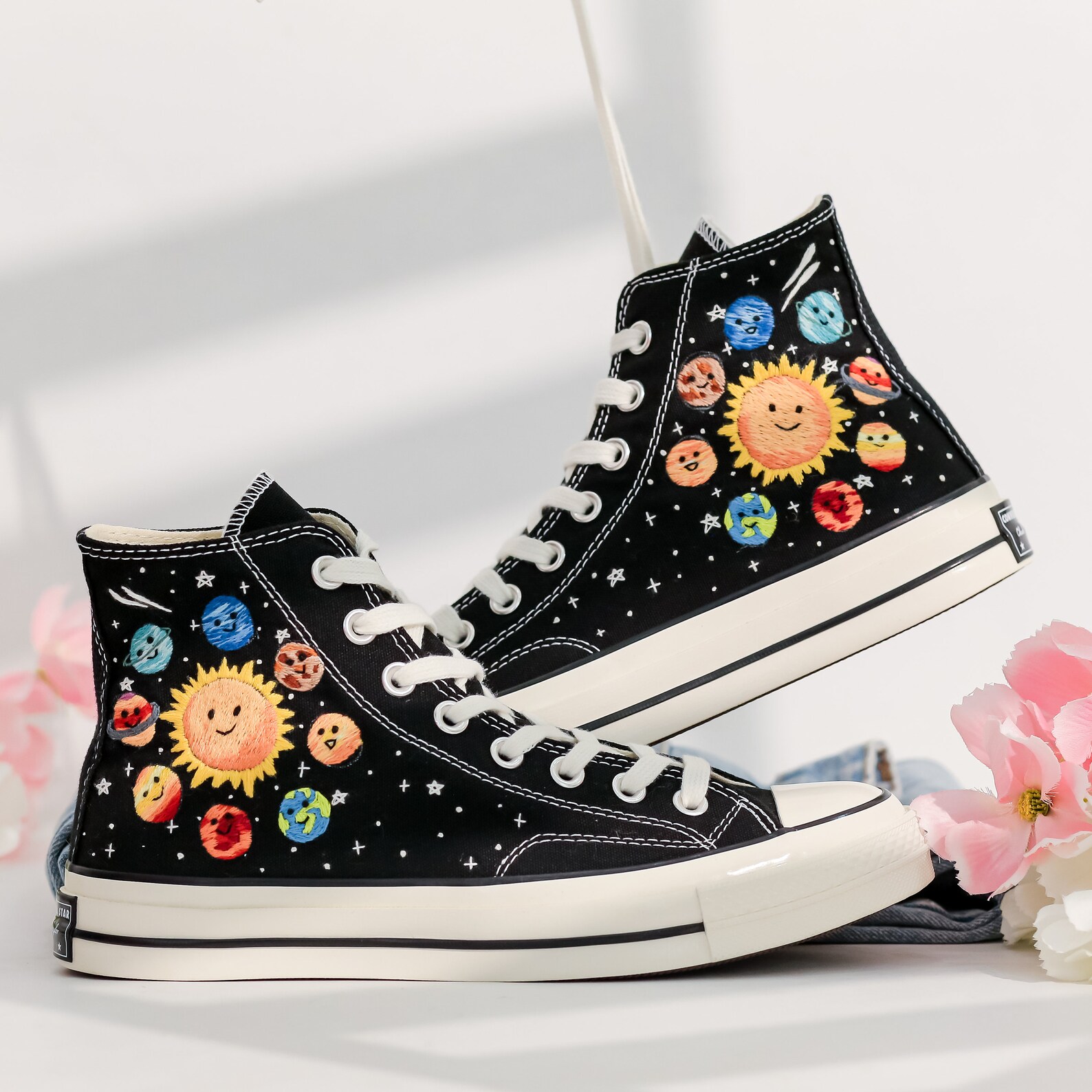 Custom Embroidered Converse High Tops, Sun and Planets Embroidered ...