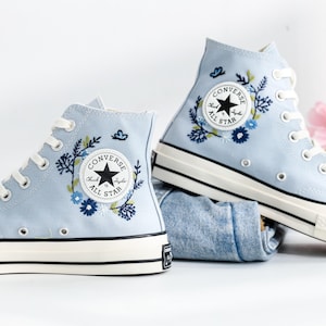 Custom Converse Embroidered Shoes, Blue Flower Embroidered Sneaker ...