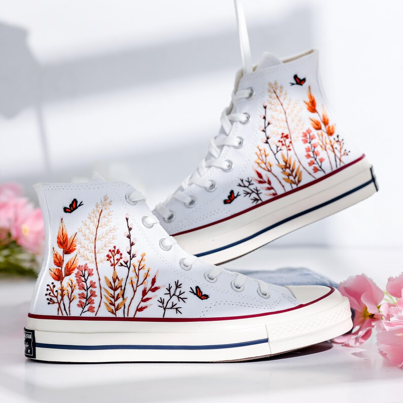 Custom Embroidered Wedding Converse, Fall Flower Embroidered Wedding ...