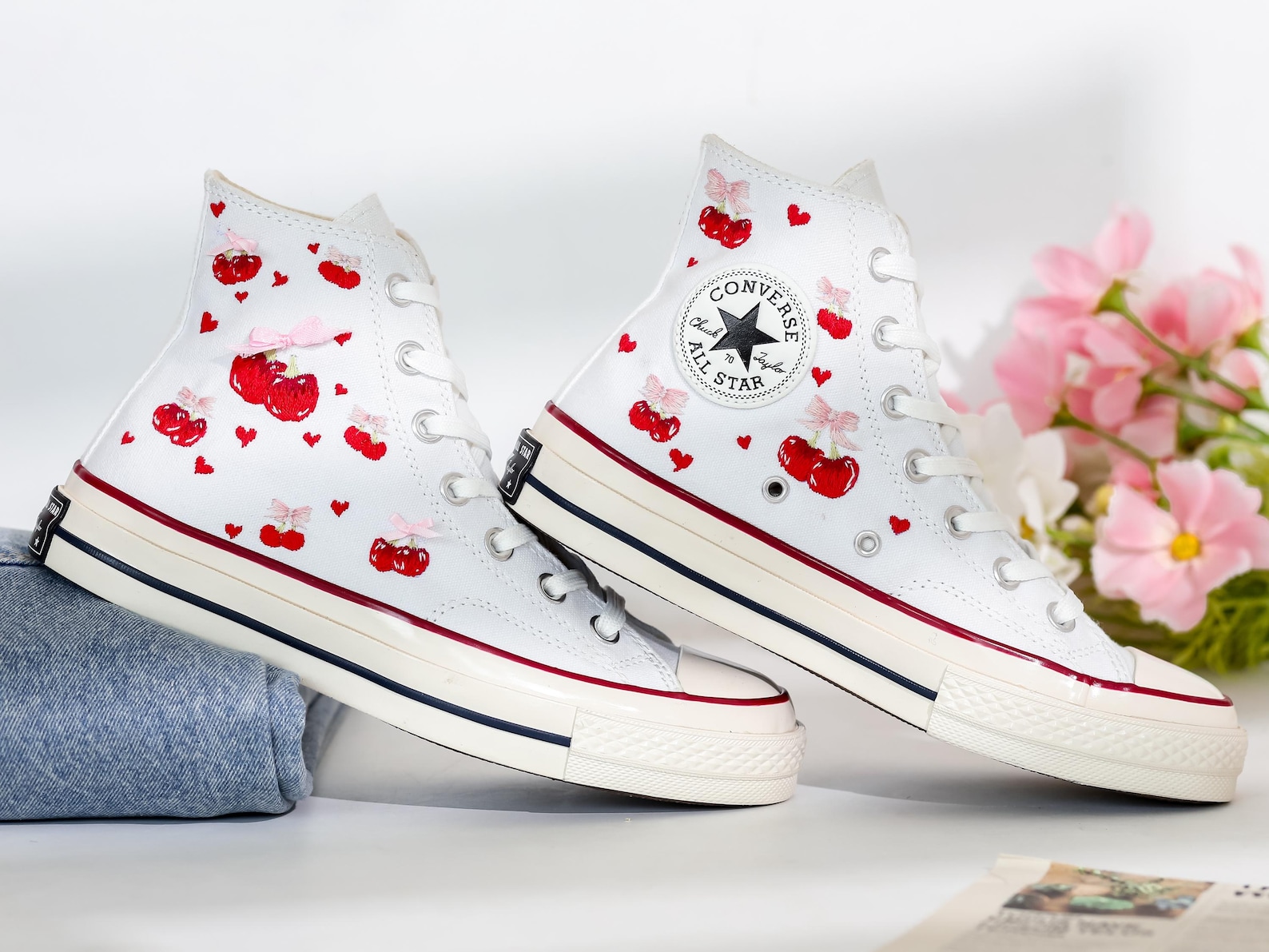 Custom Embroidered Converse High Tops, Sweet Cherries Embroidered ...
