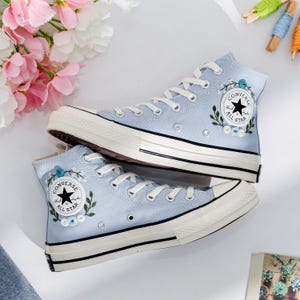 Embroidered Platform Converse High Tops, Blue Embroidery Shoes, White ...