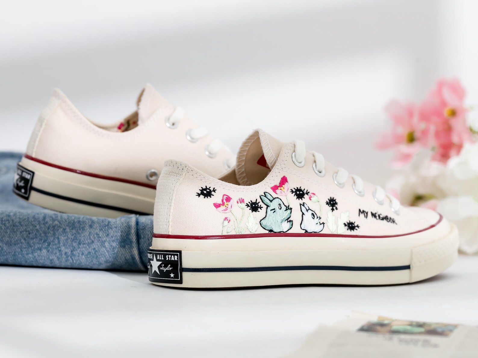Embroidered Converse Low Tops, Totoro Embroidery Shoes Custom, Flower ...