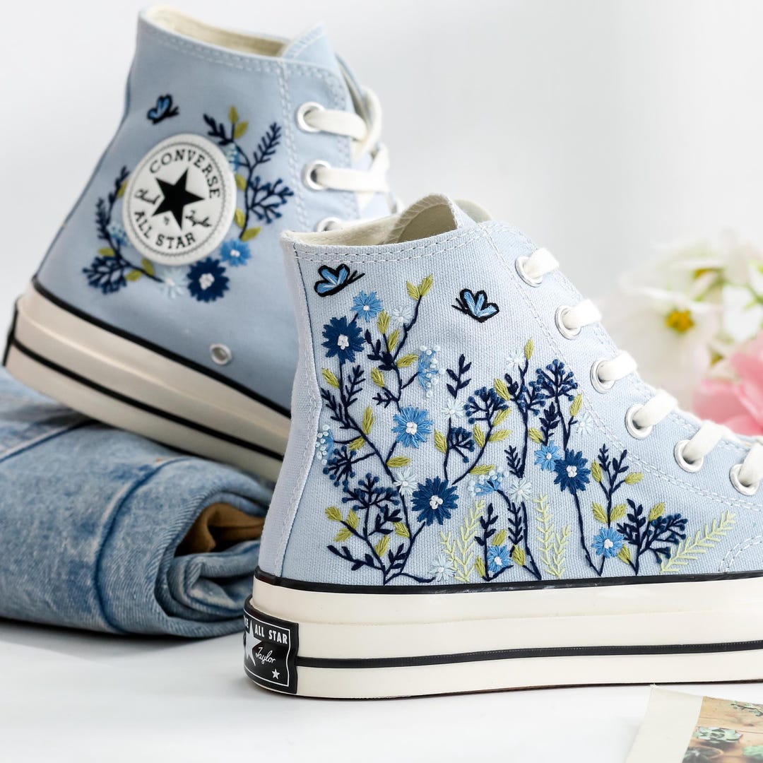 Custom Converse Embroidered Shoes, Blue Flower Embroidered Sneaker ...