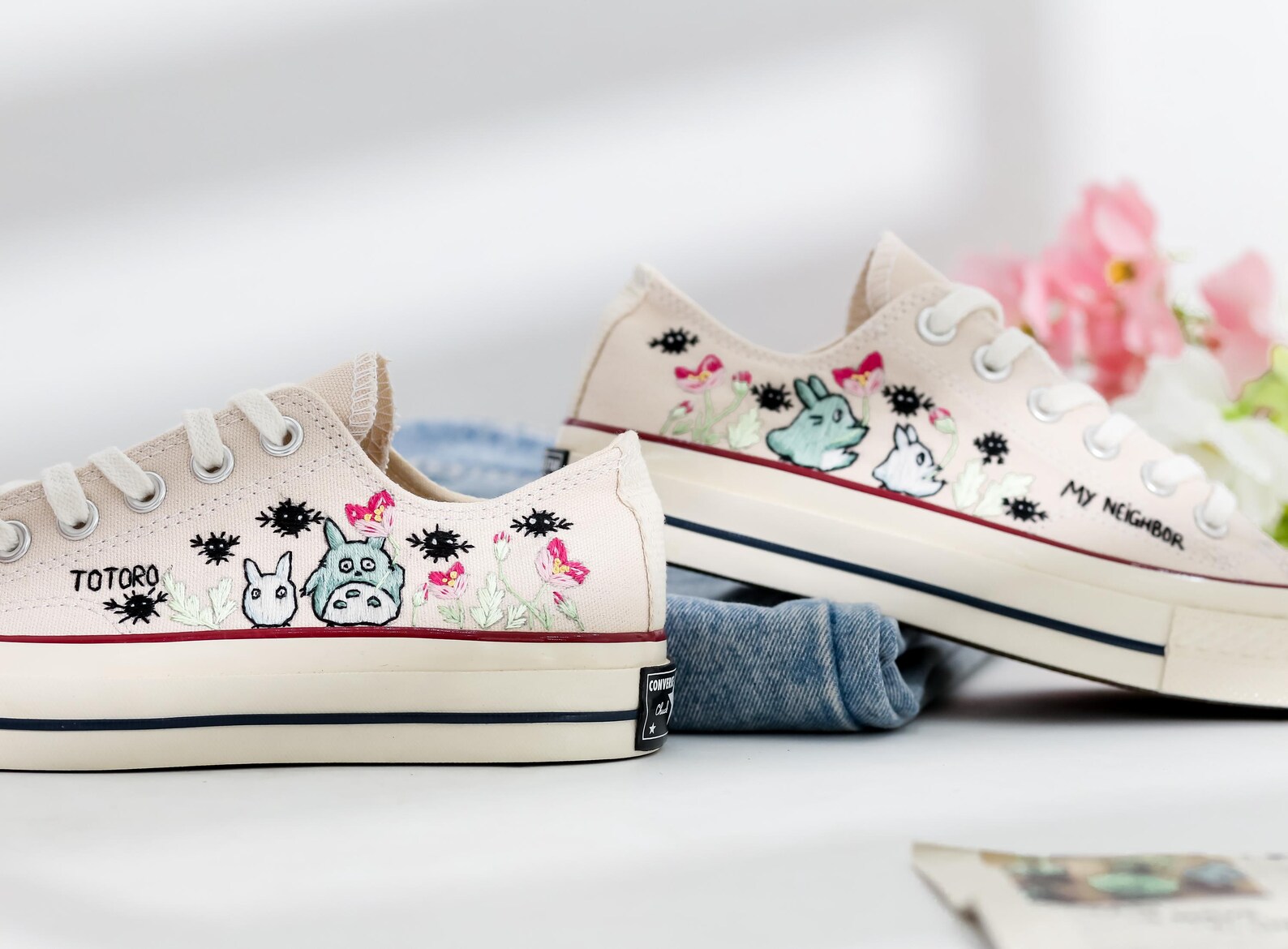 Embroidered Converse Low Tops, Totoro Embroidery Shoes Custom, Flower ...
